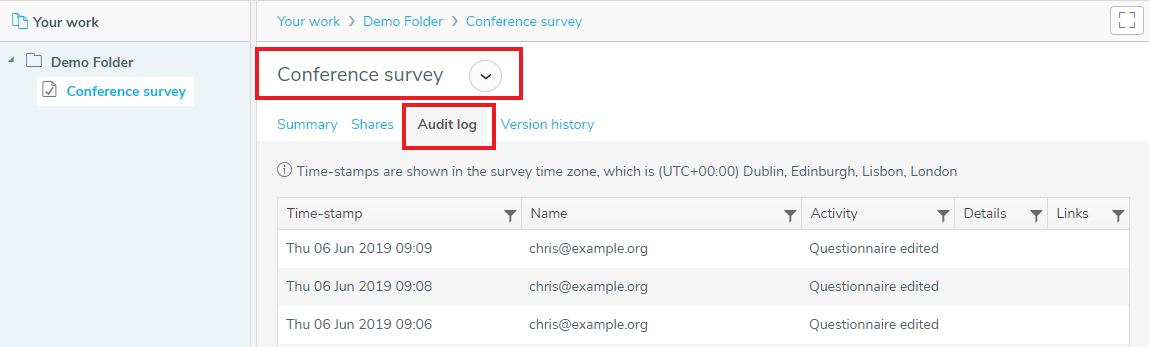 Viewing the audit logs | SnapSurveys